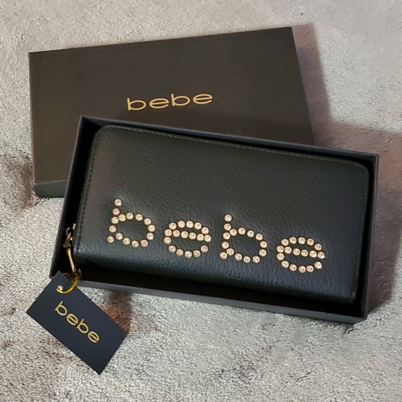 bebe | Bags | Bebe Rhinestone Logo Zip Around Wallet Black | Poshmark